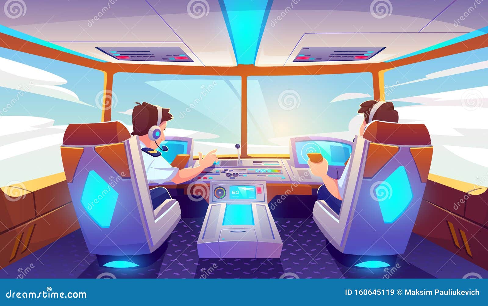 Pilots In Airplane Cockpit, Jet With Control Panel Cartoon Vector ...