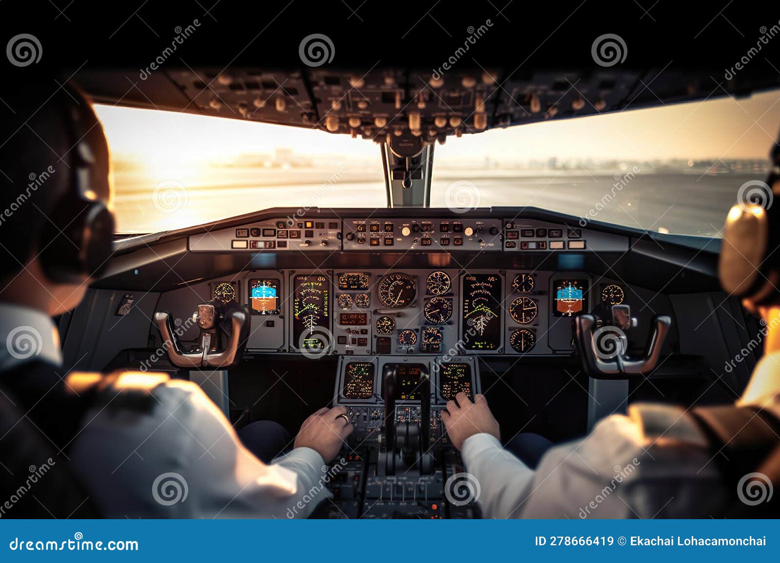 Pilots in Cockpit Preparing for Takeoff at the Airport. Created with ...