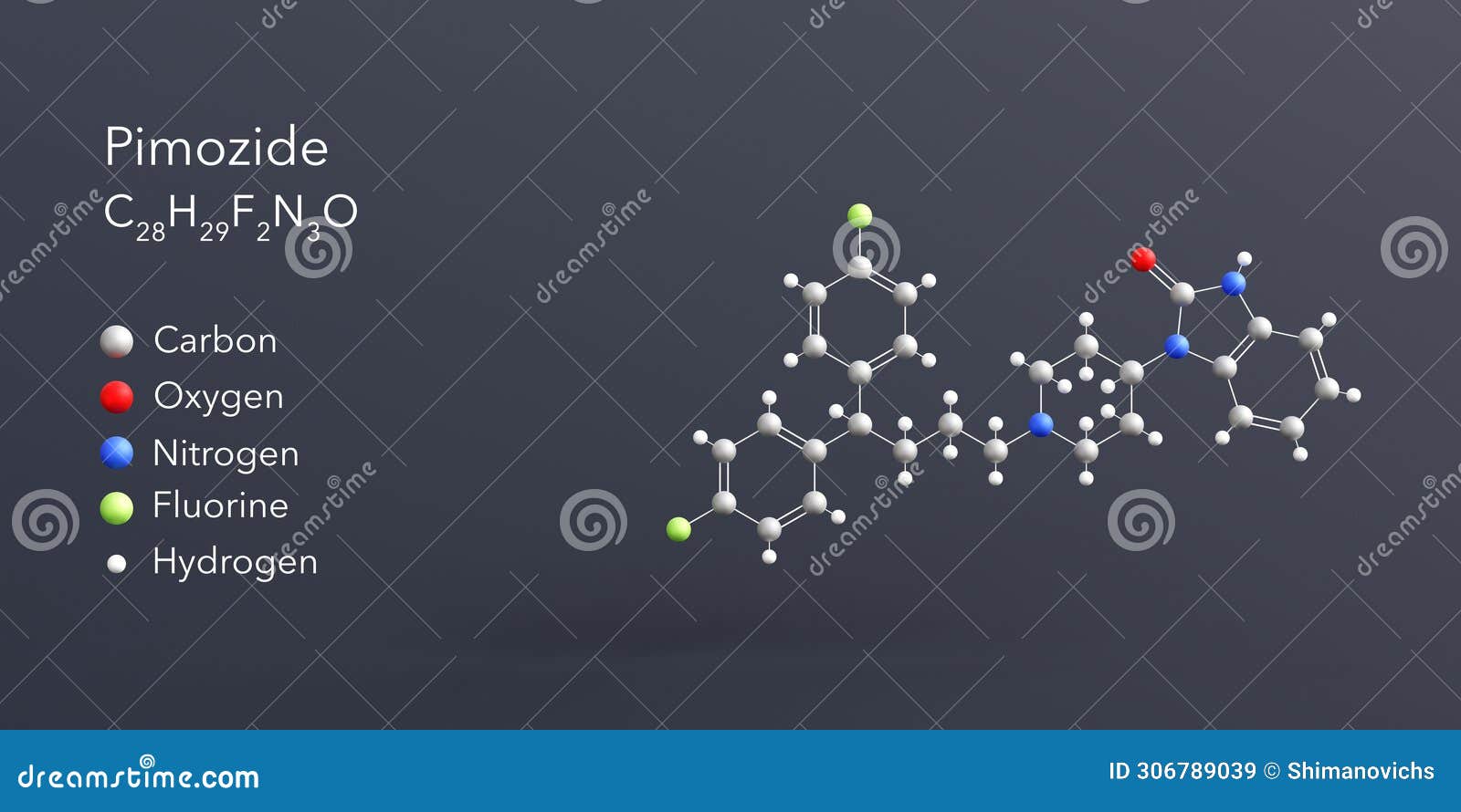 Pimozide Molecule 3d Rendering, Flat Molecular Structure with Chemical Formula and Atoms Color ...