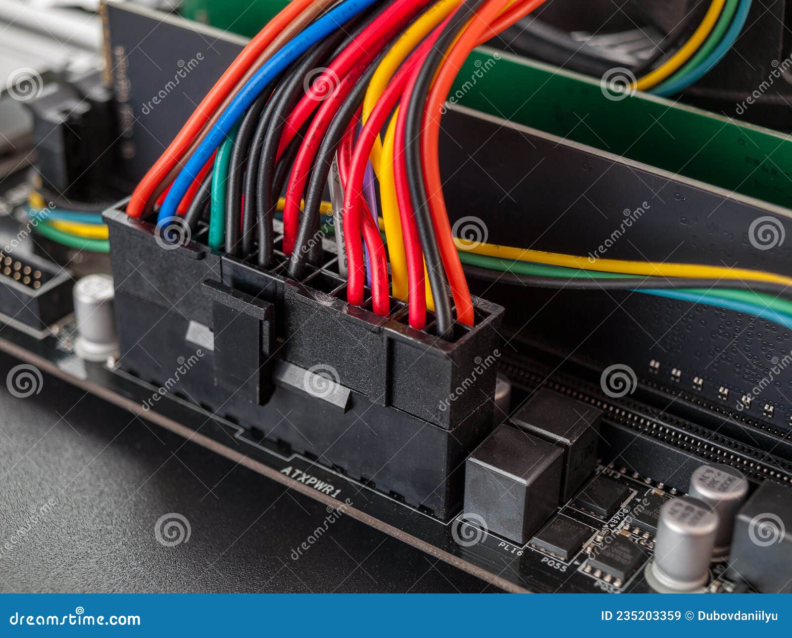 24 Pin Connector With A Cable Connected To The Motherboard Close Up Connecting The Power