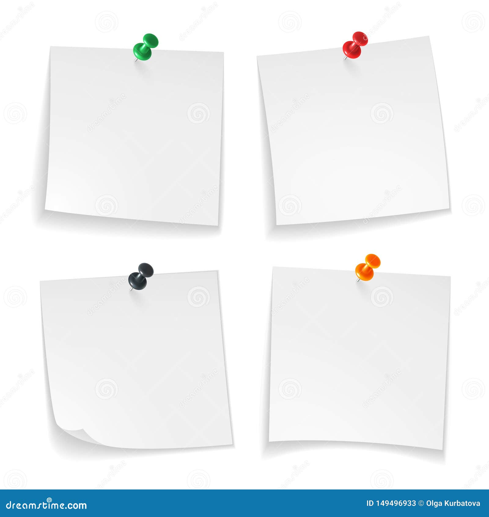 Pin Notes. White Note Papers Curled Corner With Pinned Colored Push ...