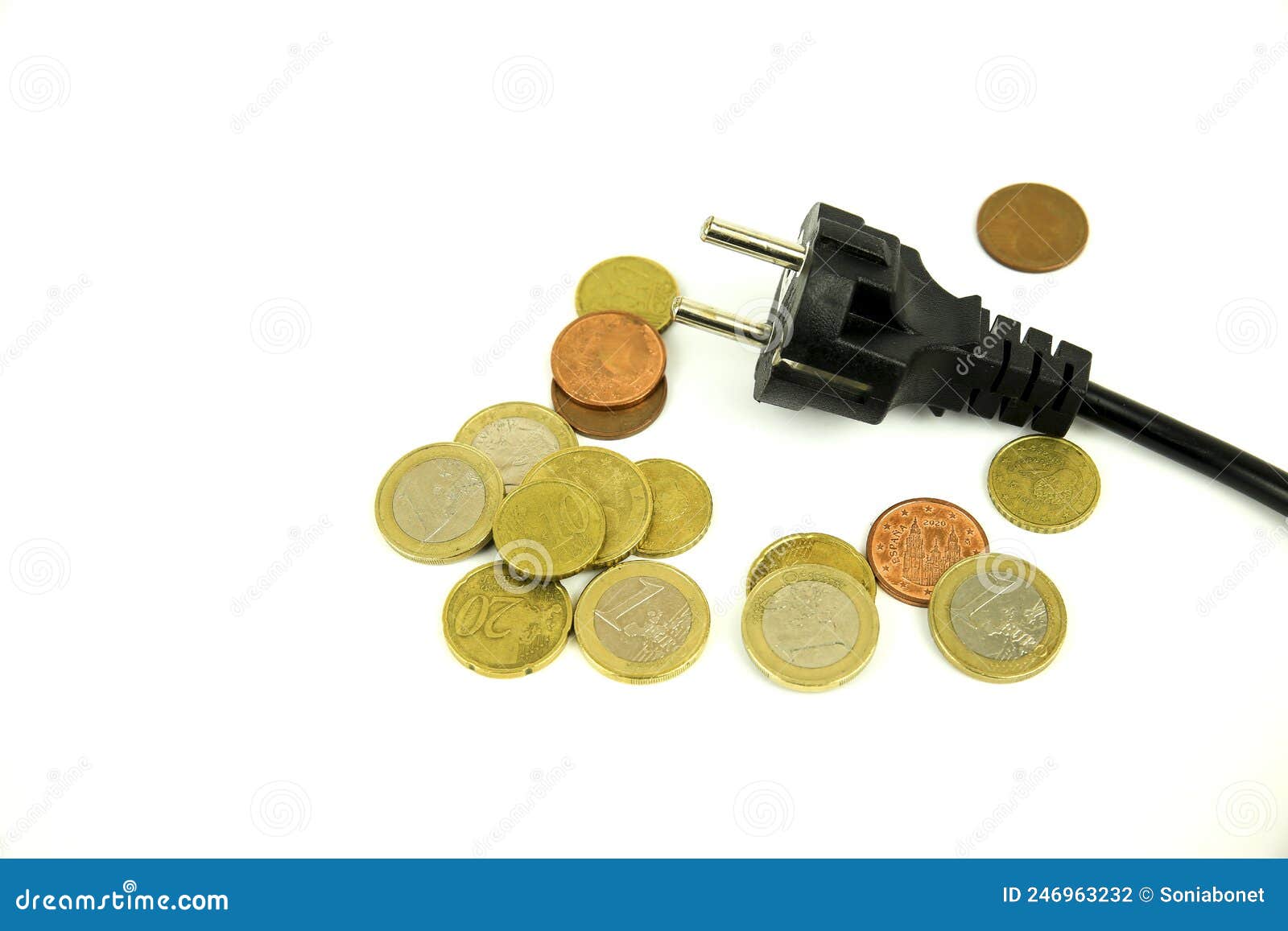Pin Power Plug and Coins on White Background Stock Photo - Image of ...