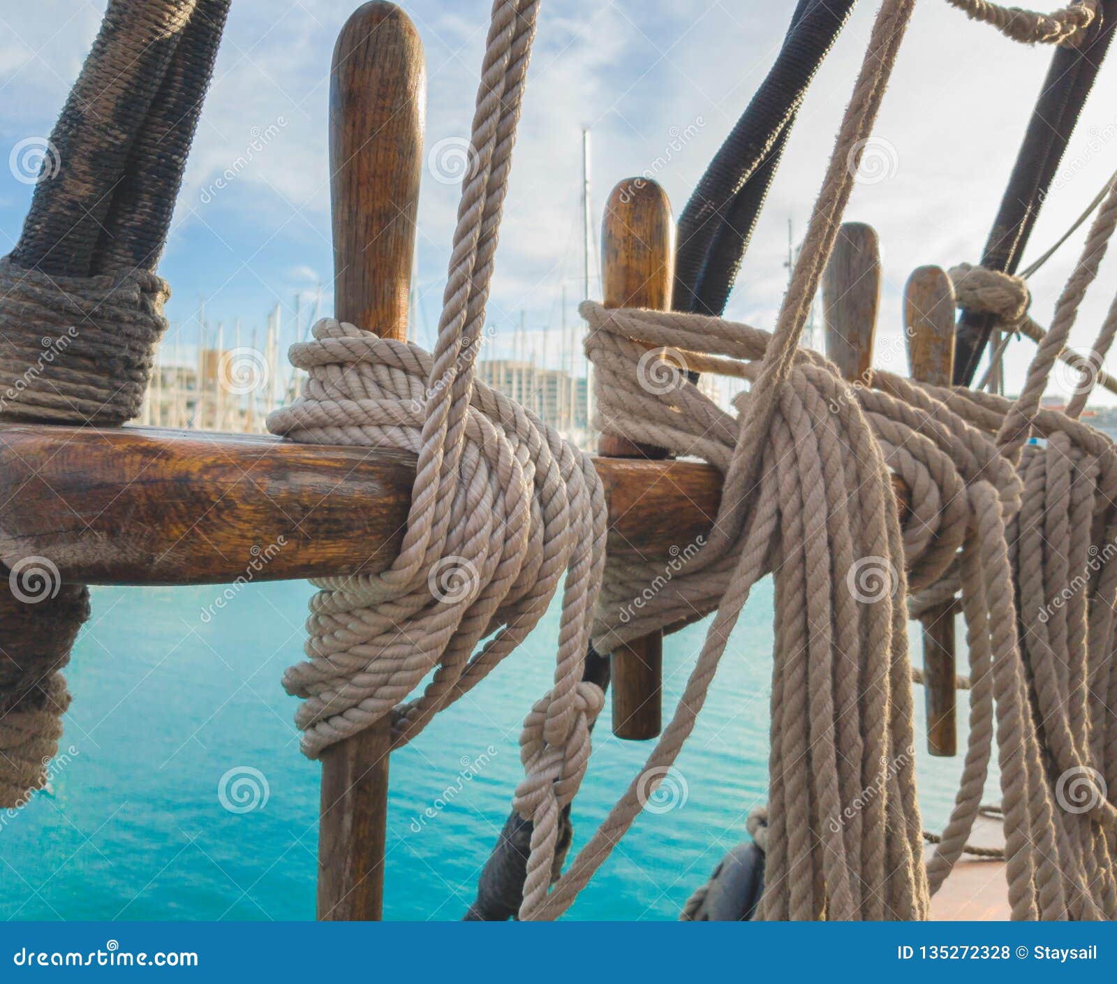 Pin Rail with Fixed Ropes. an Old Sailing Ship Stock Photo - Image of ...