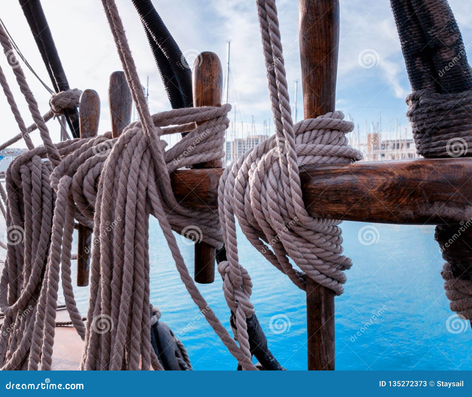 Pin Rail with Fixed Ropes. an Old Sailing Ship Stock Image - Image of ...