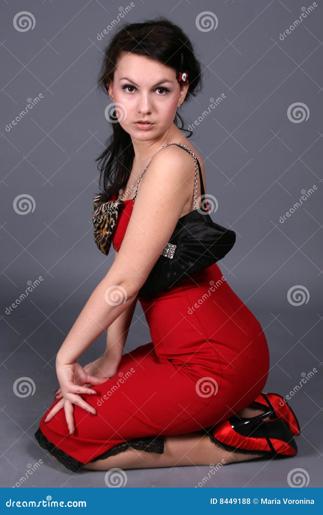 Pin-up girl with a bag stock photo. Image of kneel, gesture - 8449188