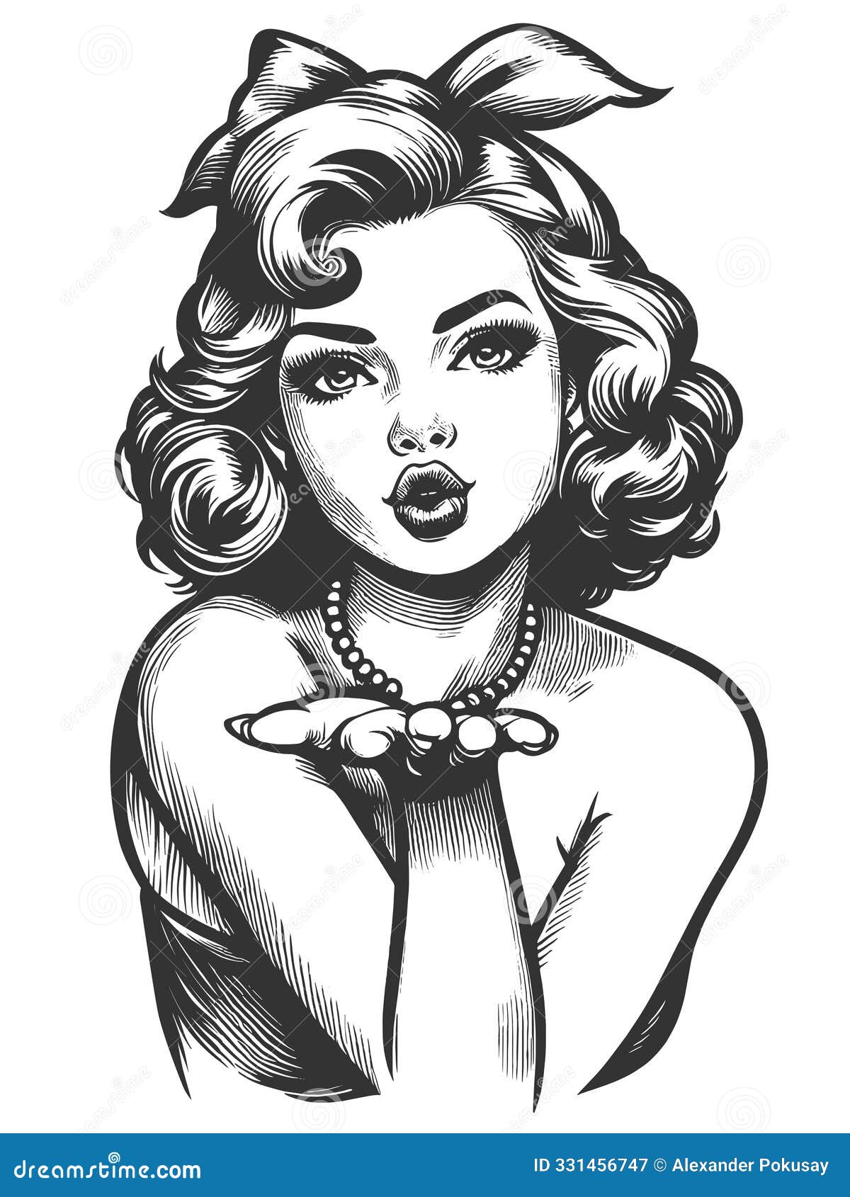 Pin-Up Girl Blowing a Kiss Engraving Sketch Raster Stock Illustration ... Pin-Up Girl Blowing a Kiss Engraving Sketch Raster Stock Illustration ...