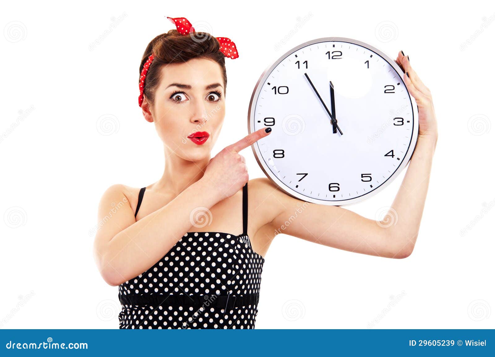 Pin-up girl holding clock stock image. Image of model - 29605239