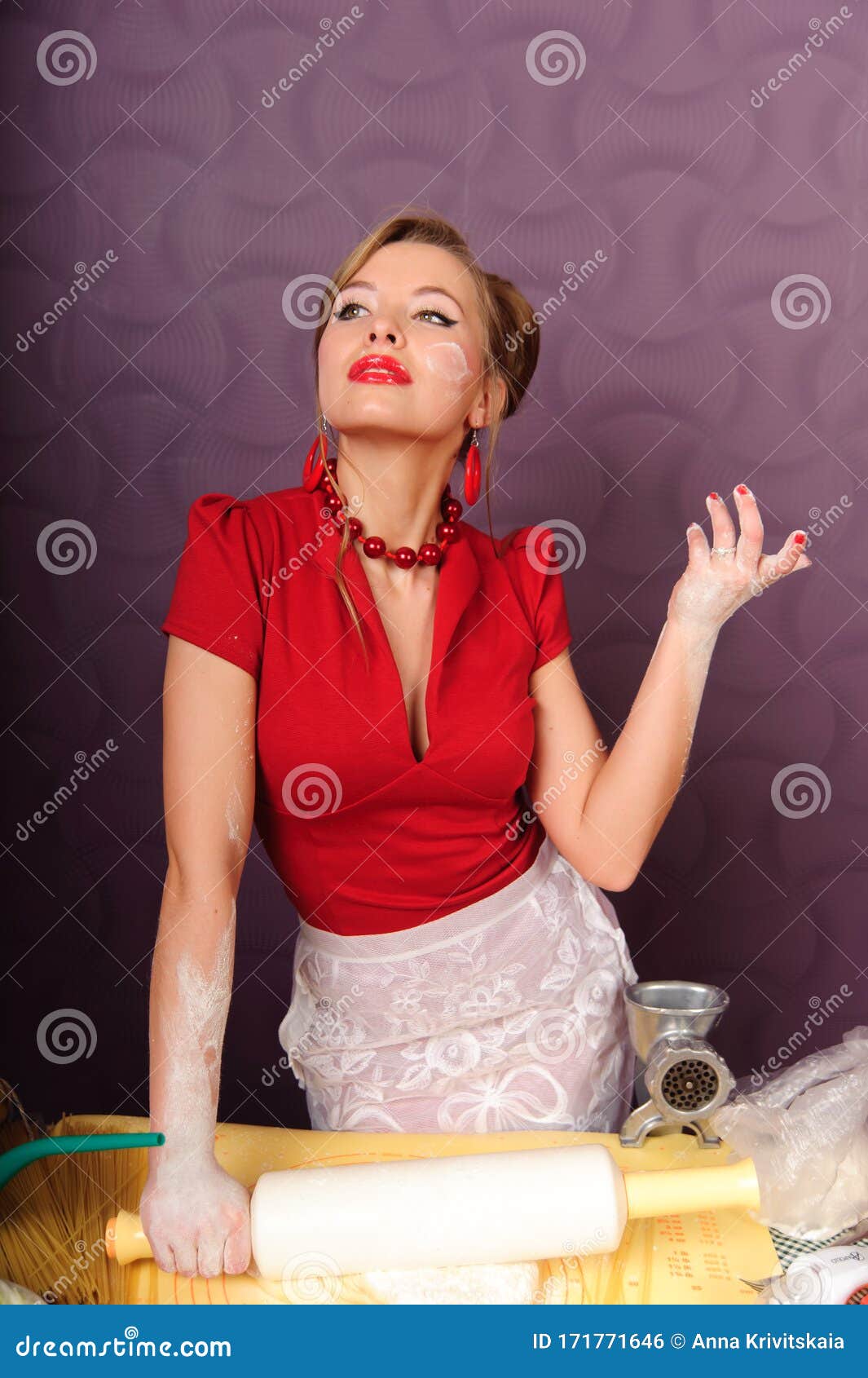 Pin-up Girl in the Kitchen with Flour Stock Photo - Image of bowl ...