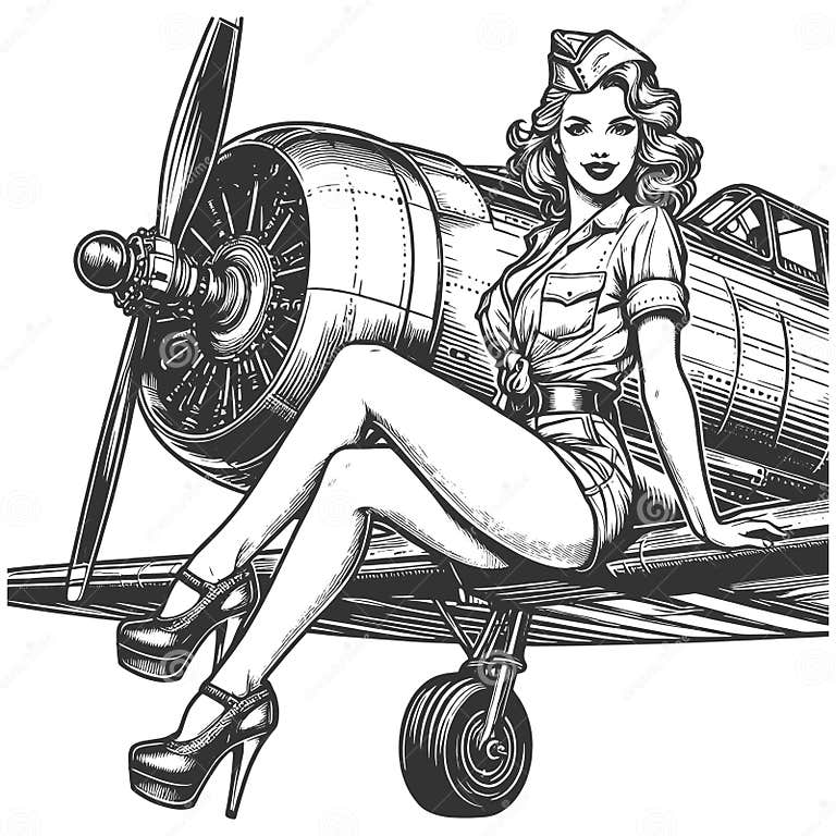 Pin Up Girl Classic Airplane Engraving Vector Stock Illustration
