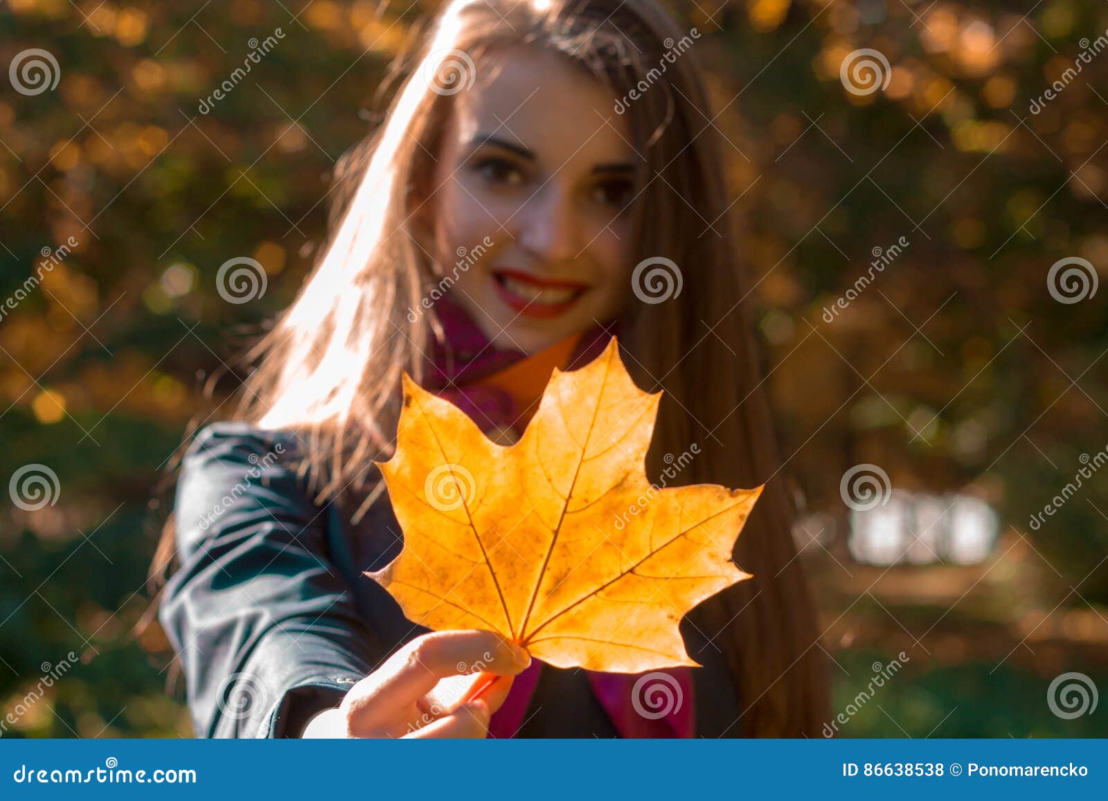 Pin-up Girl Stretched Straight Maple Leaf and Smiling Close- Stock ...
