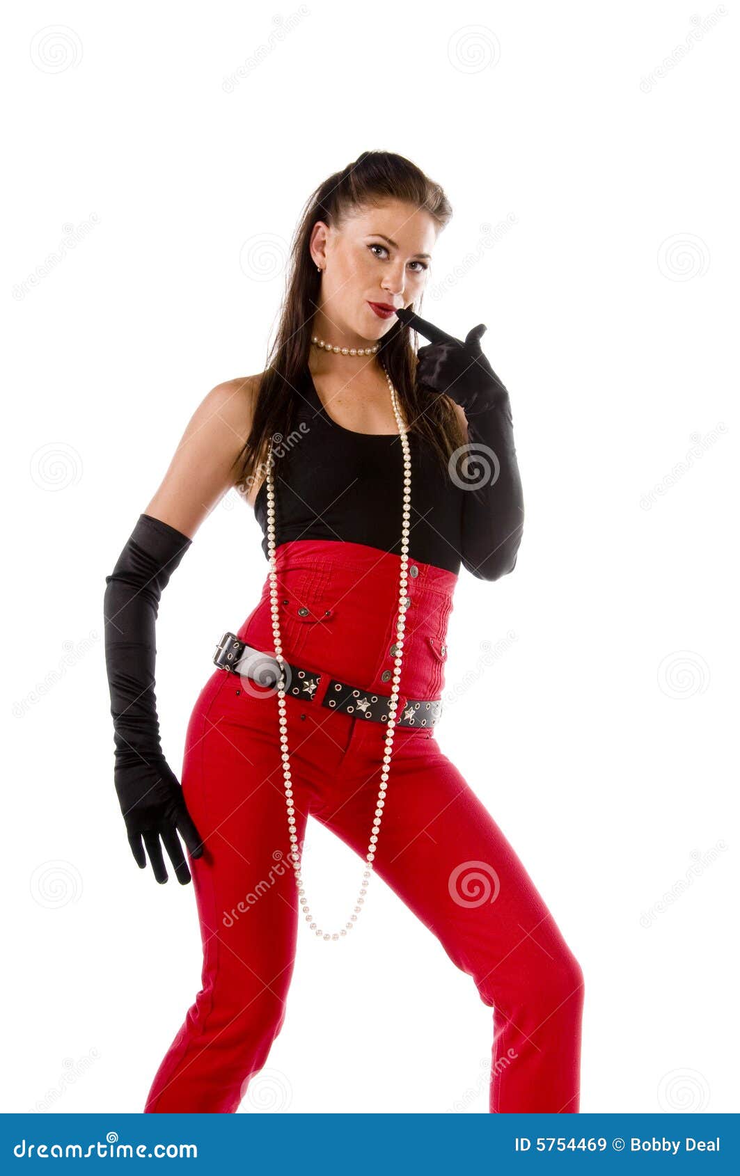 Pin Up in Red Pants stock image. Image of brunette, isolated - 5754469