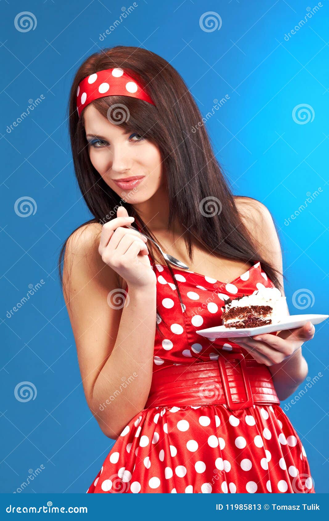 Pin-up woman with the cake stock image. Image of hispanic - 11985813
