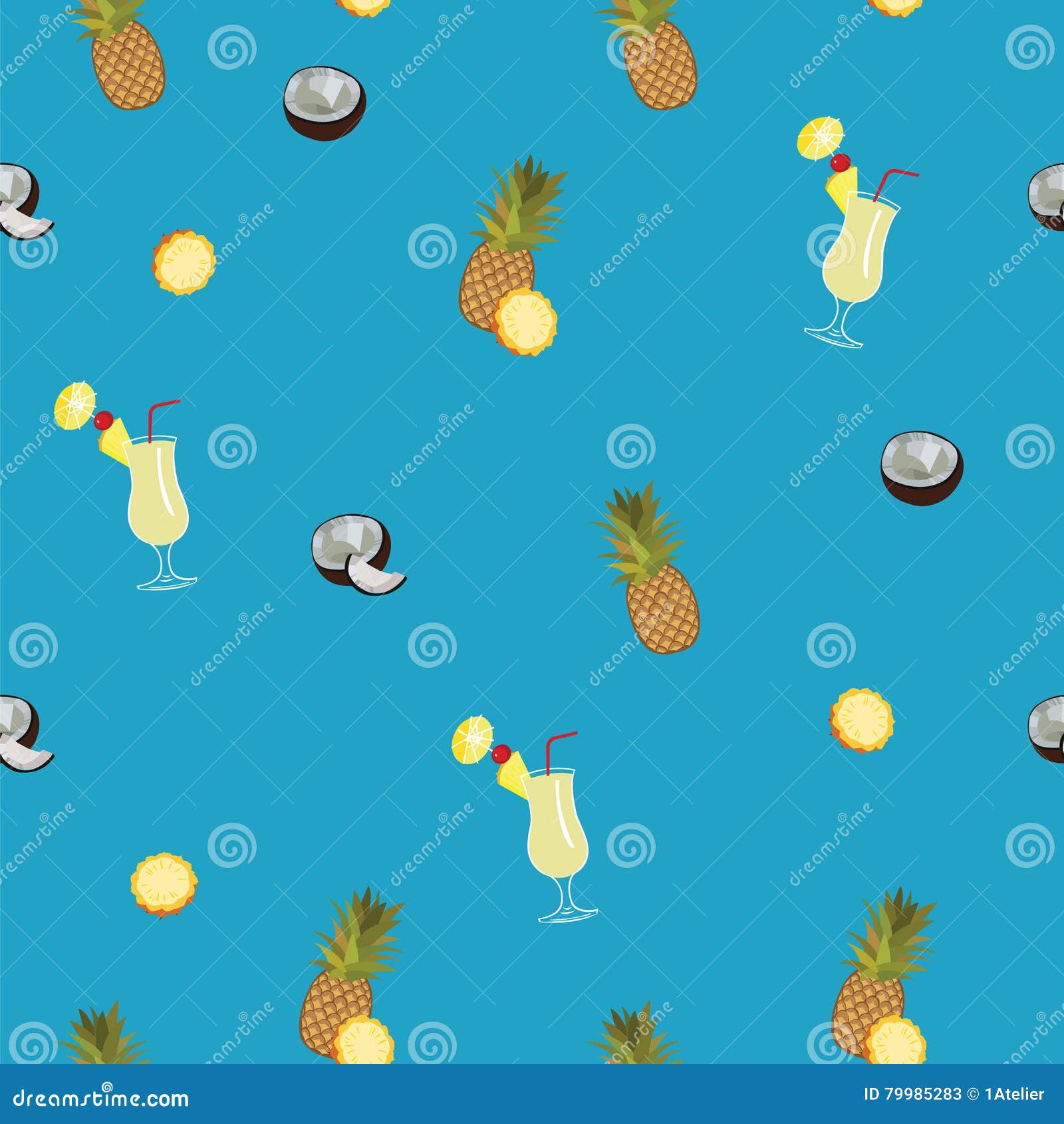 Pina Colada Blue Vector Seamless Pattern. Pineapple, Coconut and Pina ...