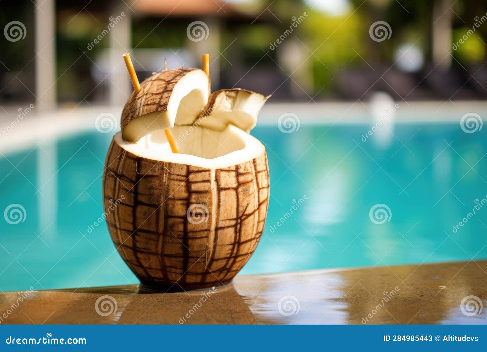 Pina Colada in a Coconut Shell by the Pool Stock Illustration ...