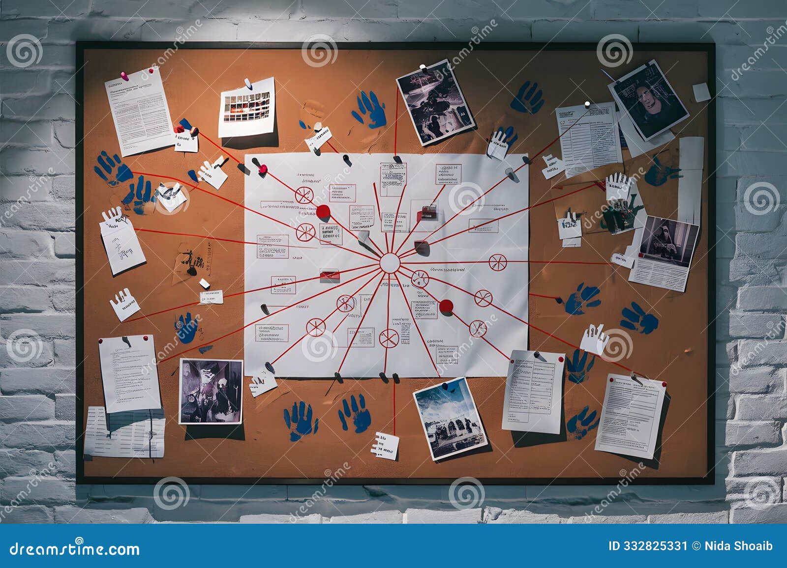 Pinboard with Map/diagram, Red Lines Connecting Points, Notes, Photos ...