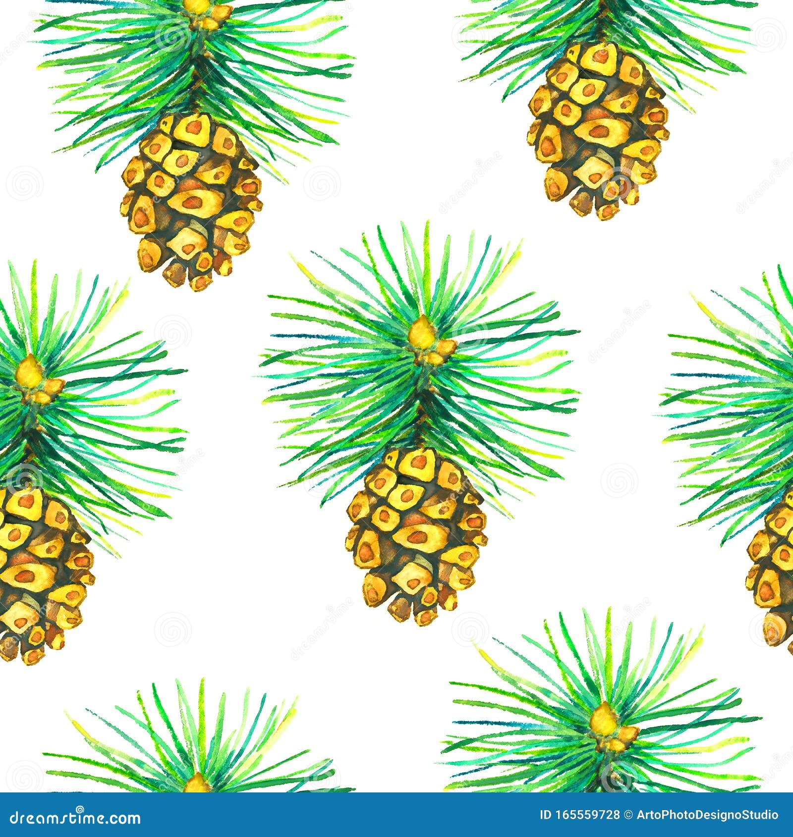 Pine Branches with Long Pinecones, Hand Painted Watercolor Illustration, Seamless Pattern Design ...
