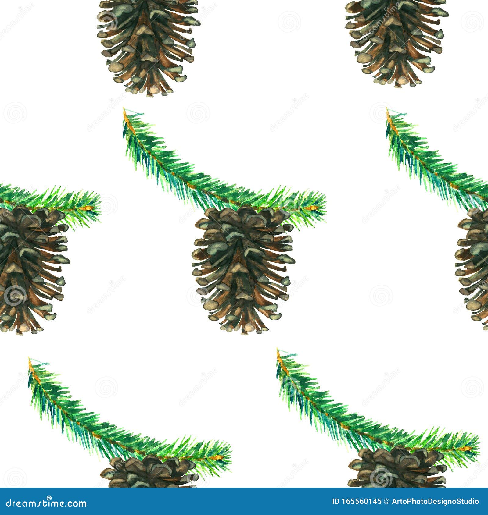 Pine Branches with Long Pinecones, Hand Painted Watercolor Illustration, Seamless Pattern Design ...