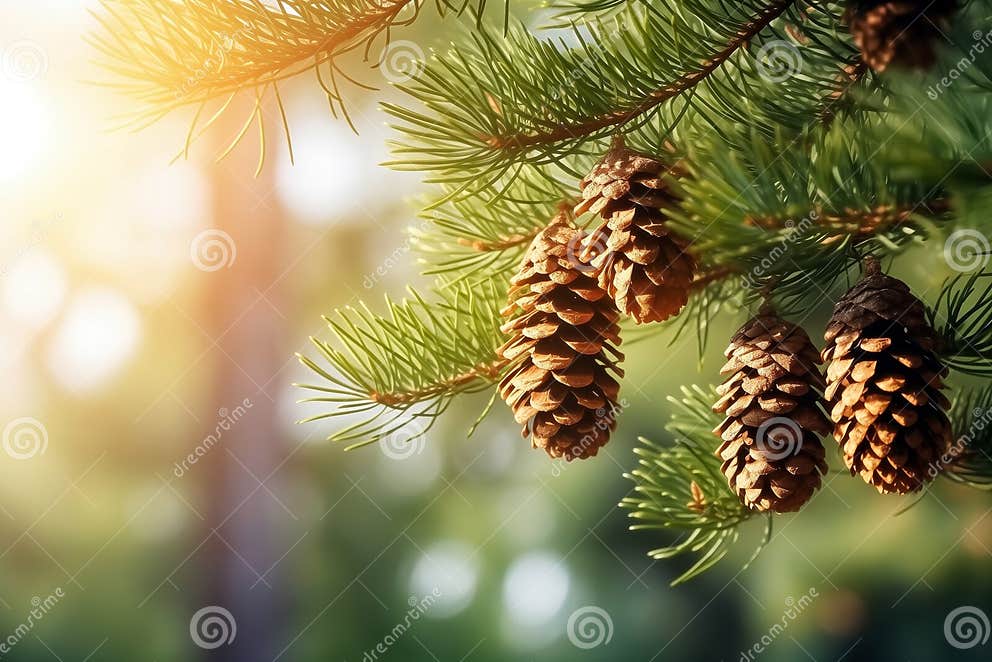 Pine Cone Hanging from Pine Tree in Sunlight. Shallow Depth of Feld Stock Illustration ...