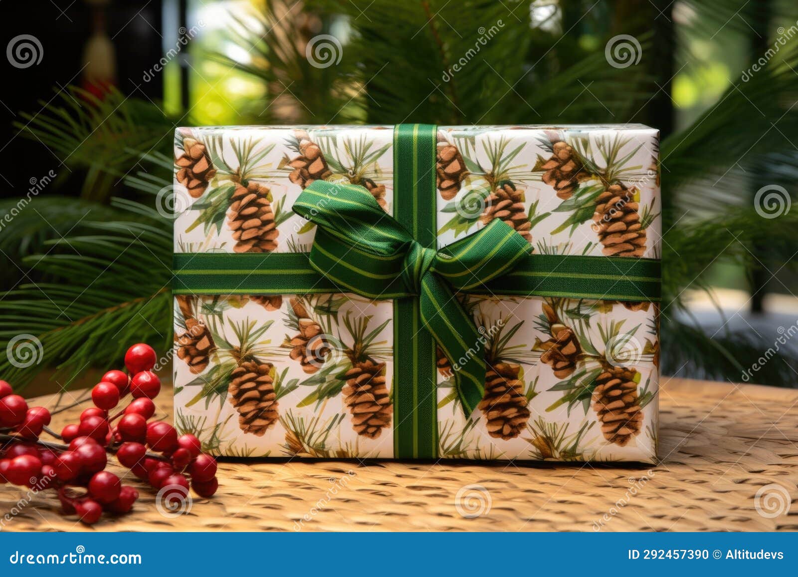 Pine Cone Themed Wrapping Paper on Rectangular Gift Box Stock Photo ...
