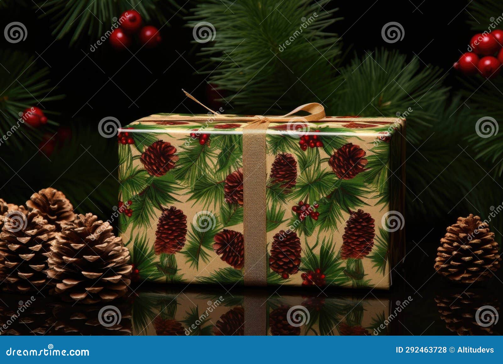 Pine Cone Themed Wrapping Paper on Rectangular Gift Box Stock Photo ...