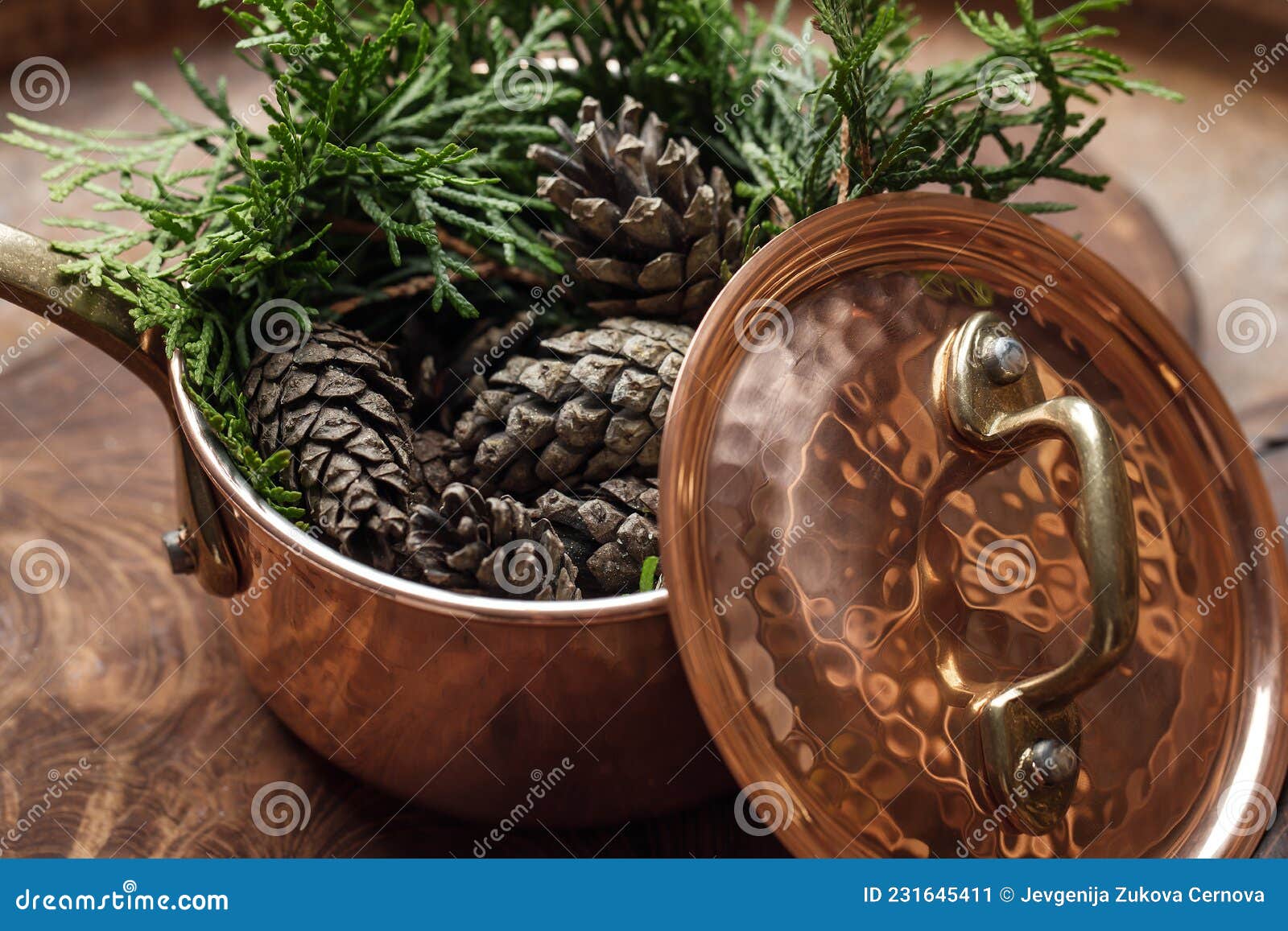 Pine Cones in Copper Small Pot on Solid Wood Board As Decoration for ...