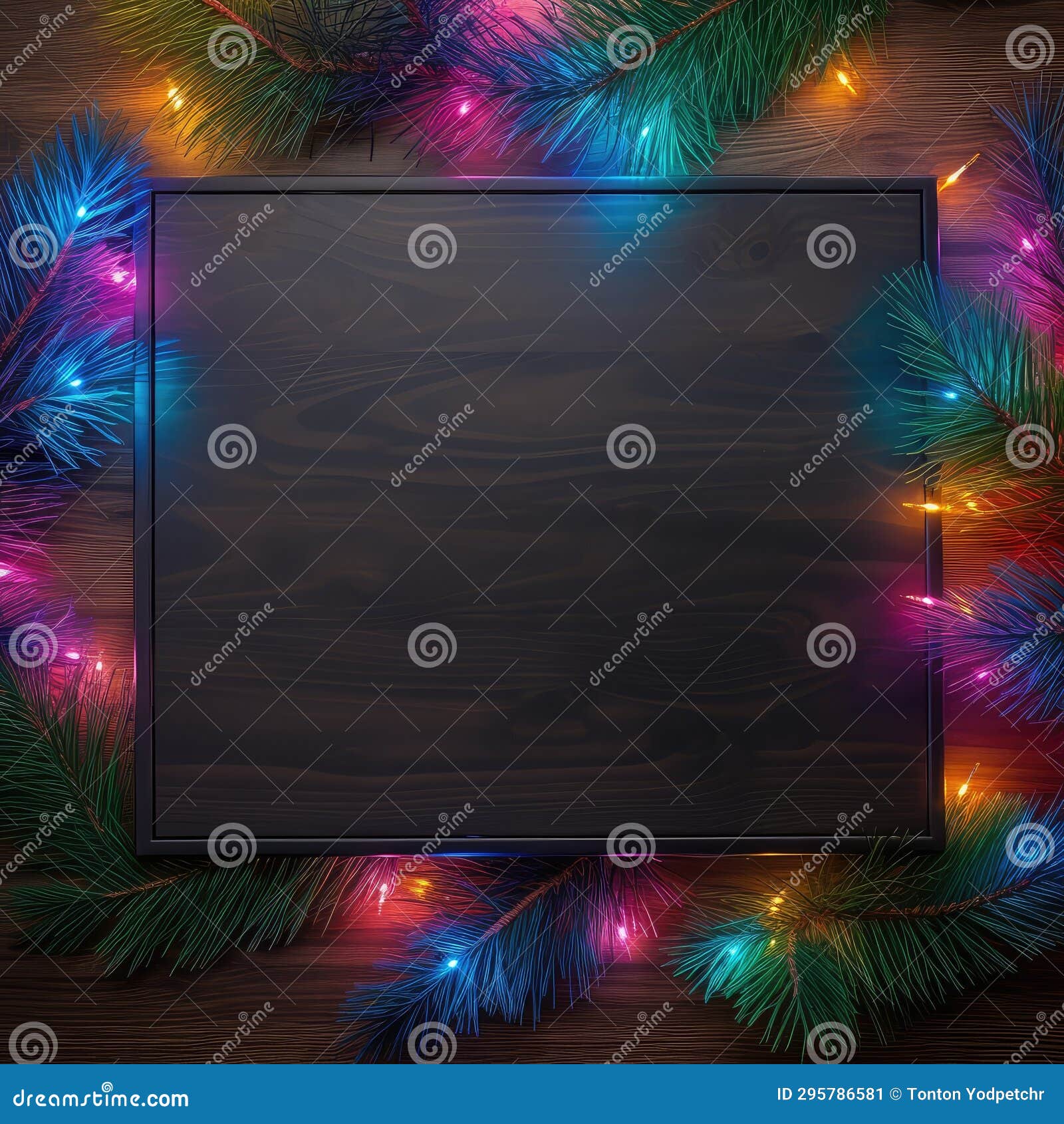 Pine Leaf and Colorful LED Lights, Top View with Empty Space for Text ...