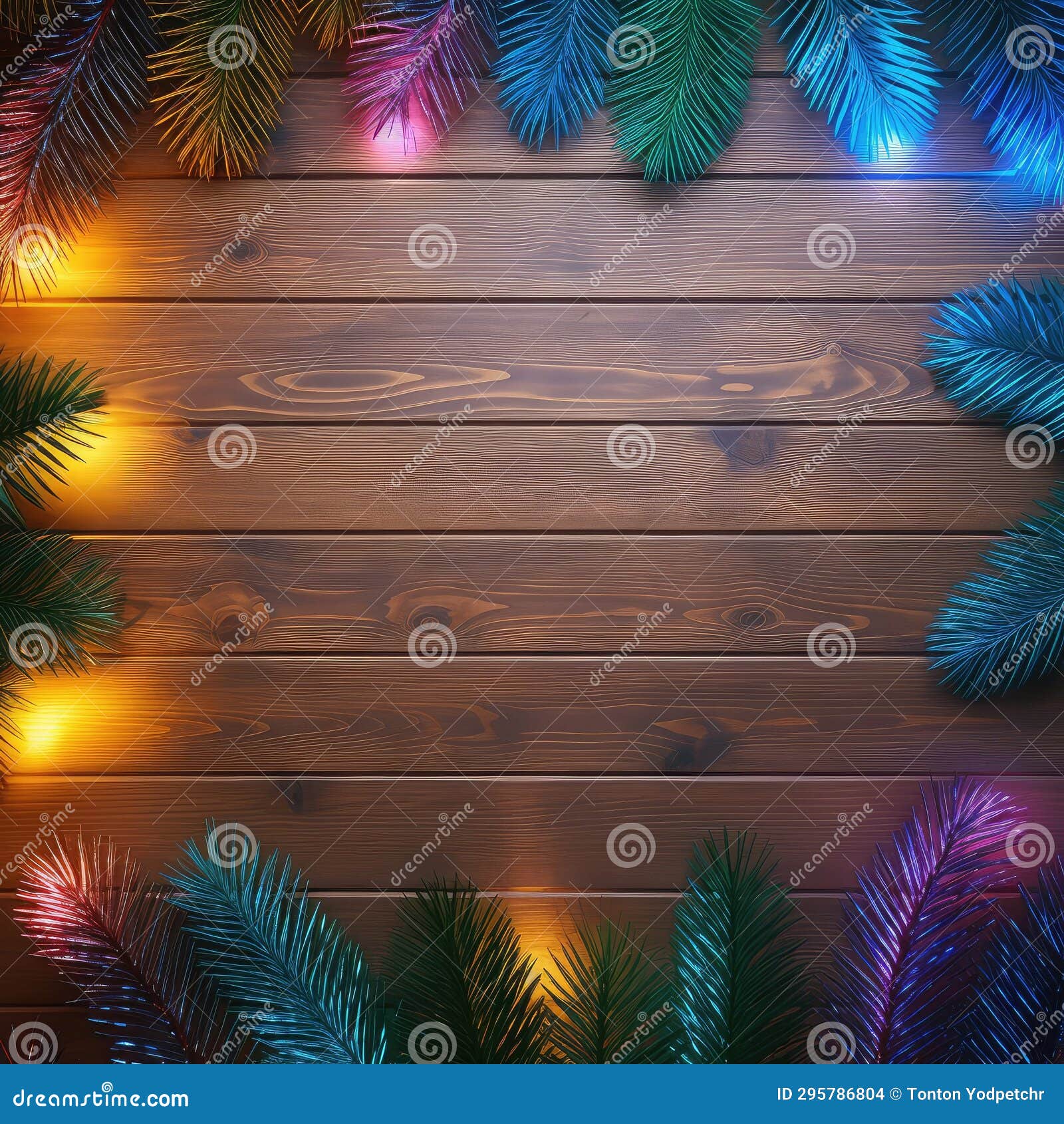 Pine Leaf and Colorful LED Lights, Top View with Empty Space for Text ...
