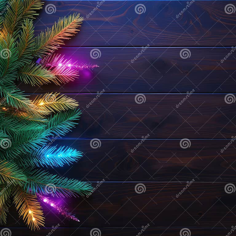 Pine Leaf and Colorful LED Lights, Top View with Empty Space for Text ...