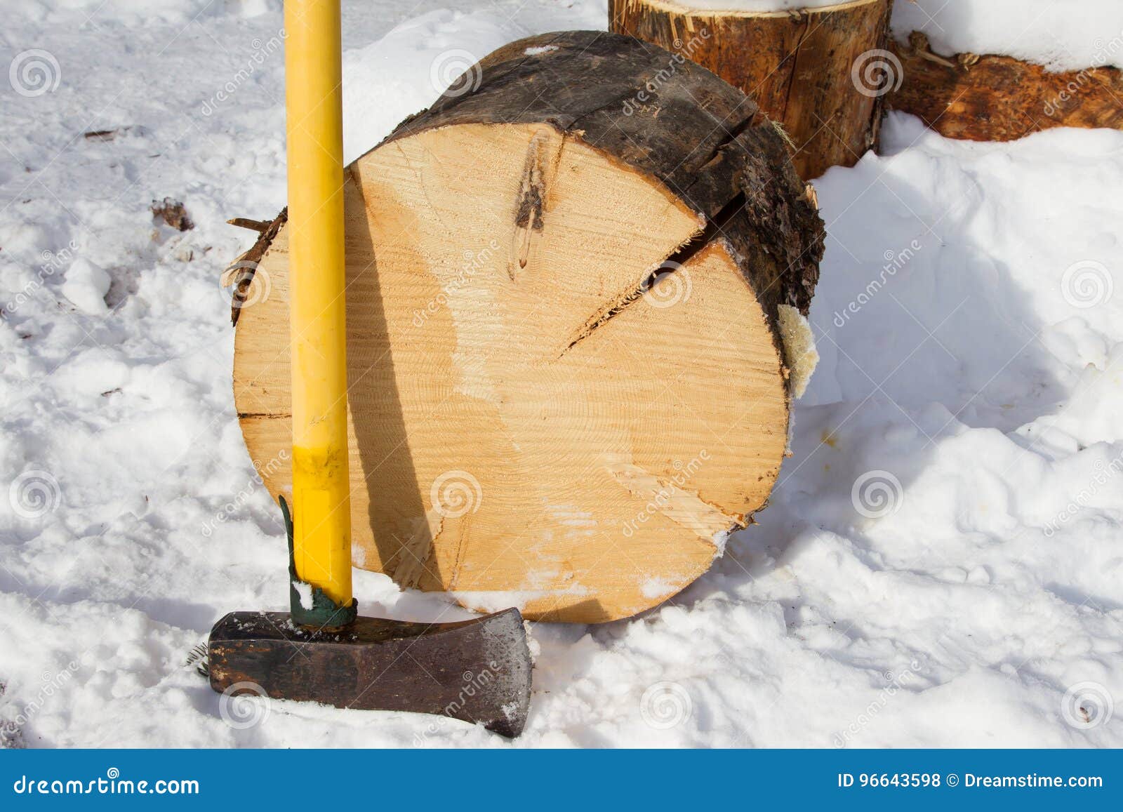 Pine log and an axe stock photo. Image of wood, snow - 96643598