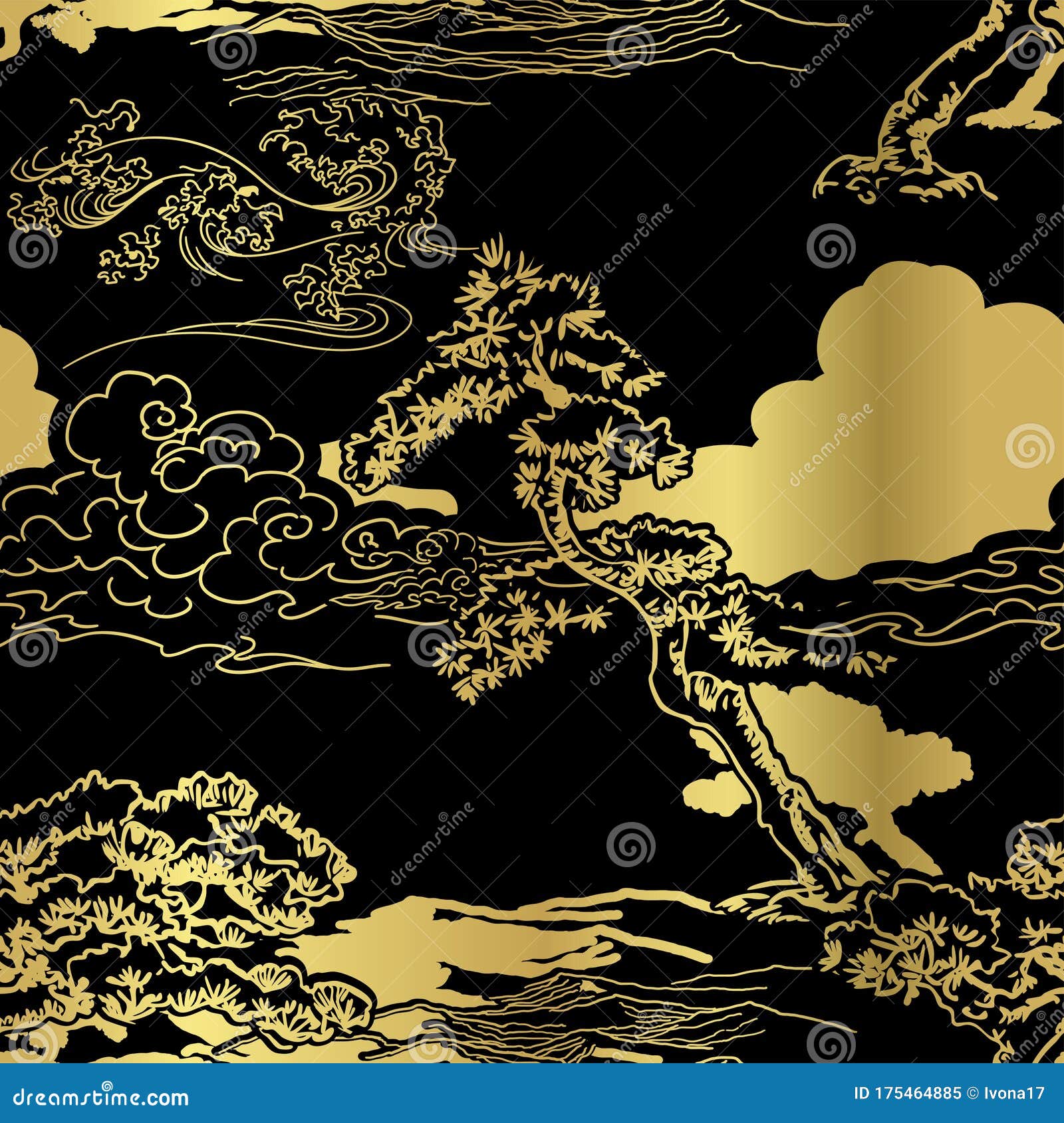 Pine Sky Cloud Vector Japanese Chinese Seamless Pattern Design Gold ...