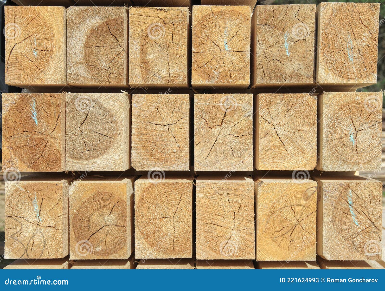 Pine Timber is Stacked in Rows. Timber for Building a House. Ends of a ...