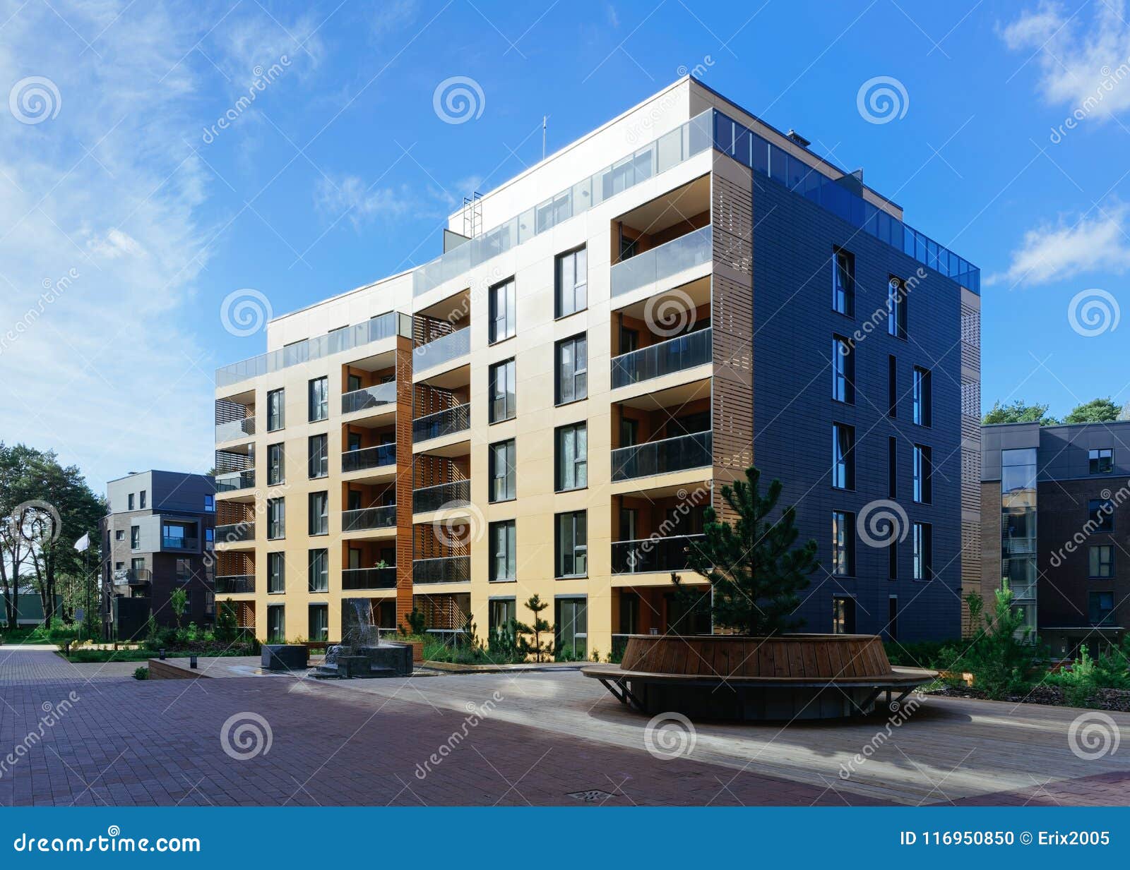 Pine Tree at Architectural Complex of Residential Buildings Stock Photo ...