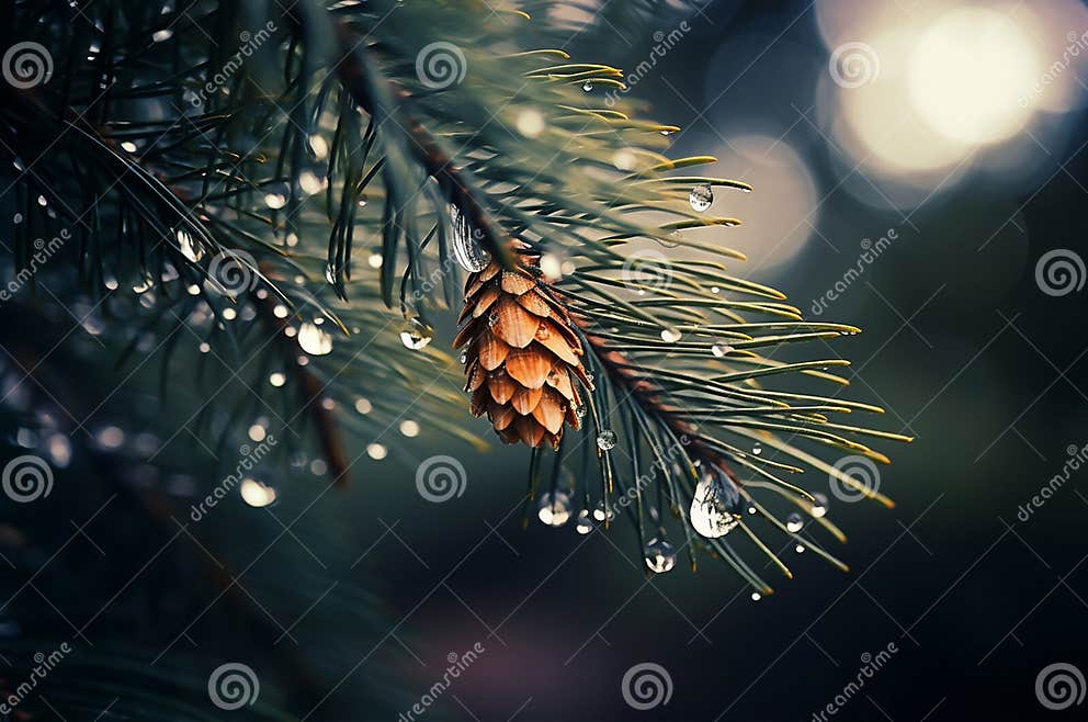 A Pine Tree Branch with Water Drops and a Small Pine Cone Stock Illustration - Illustration of ...
