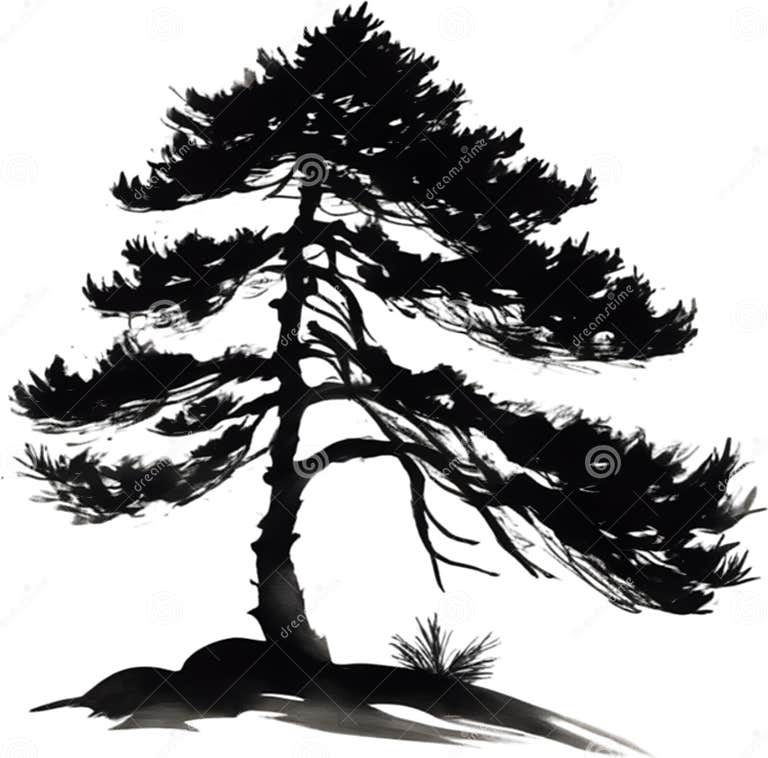 Pine Tree, Drawing of Pine Tree Using the Japanese Brushstroke ...