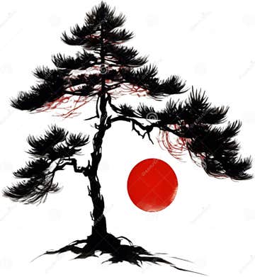 Pine Tree, Drawing of Pine Tree Using the Japanese Brushstroke ...