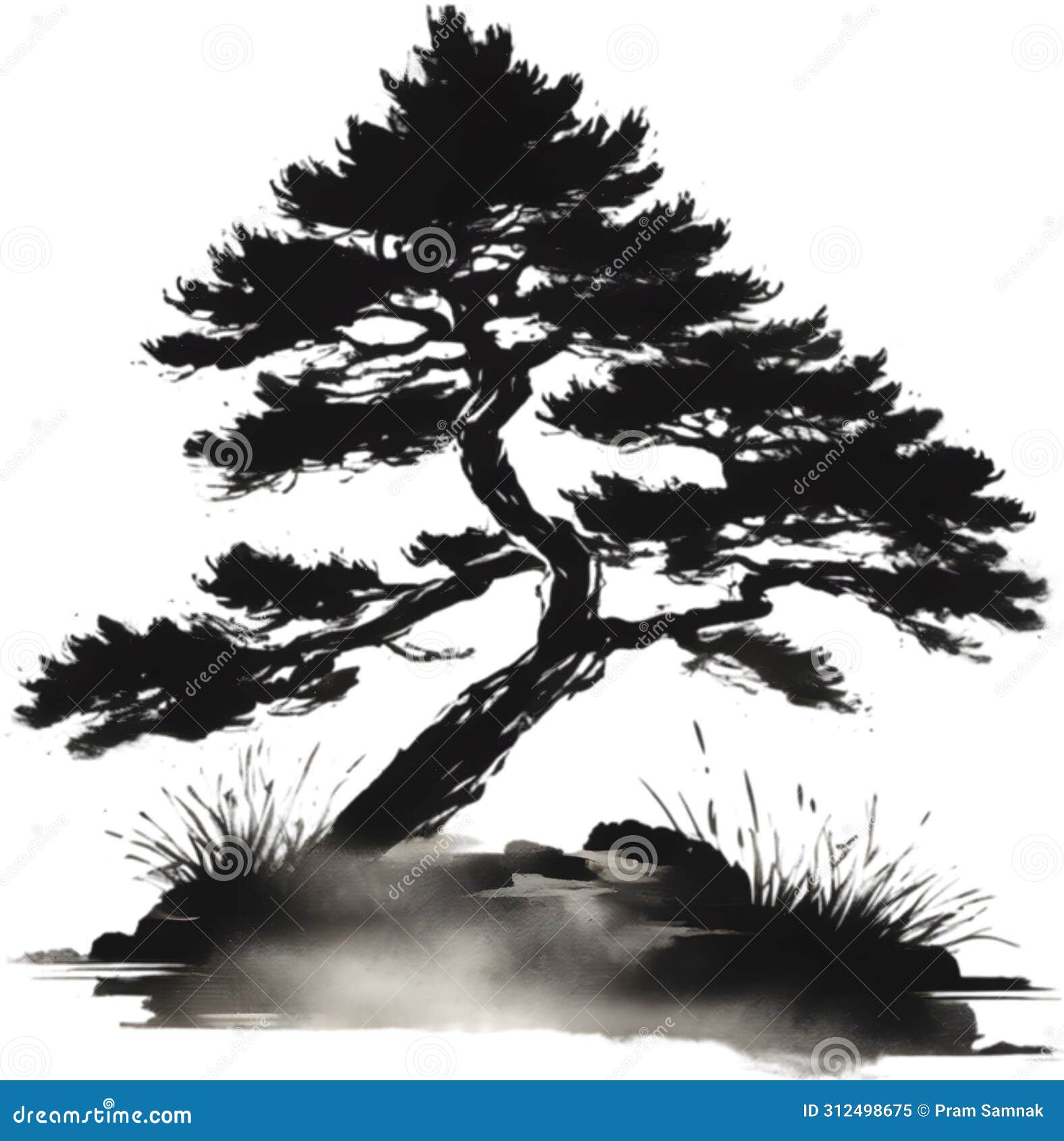 Pine Tree, Drawing of Pine Tree Using the Japanese Brushstroke ...