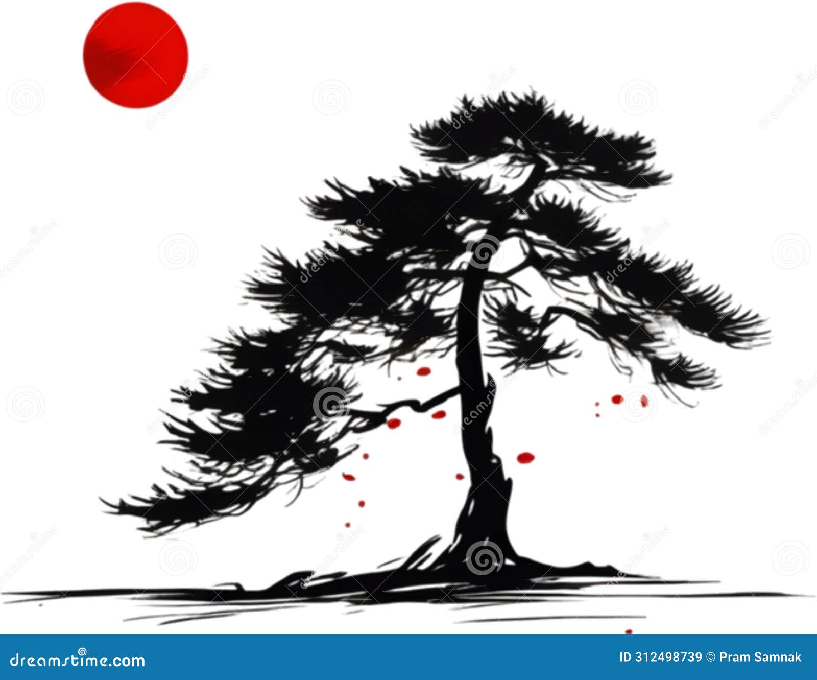 Pine Tree, Drawing of Pine Tree Using the Japanese Brushstroke ...