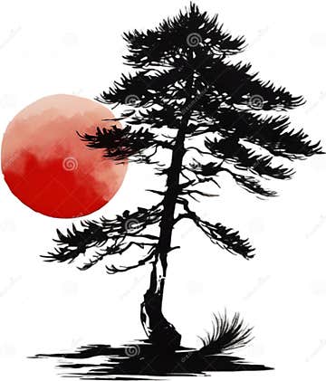 Pine Tree, Drawing of Pine Tree Using the Japanese Brushstroke ...
