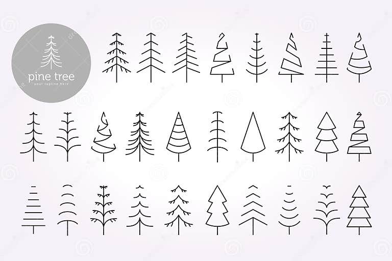 Pine Tree Line Art Icon Logo Vector Template Bundle Set. Simple Pine ...