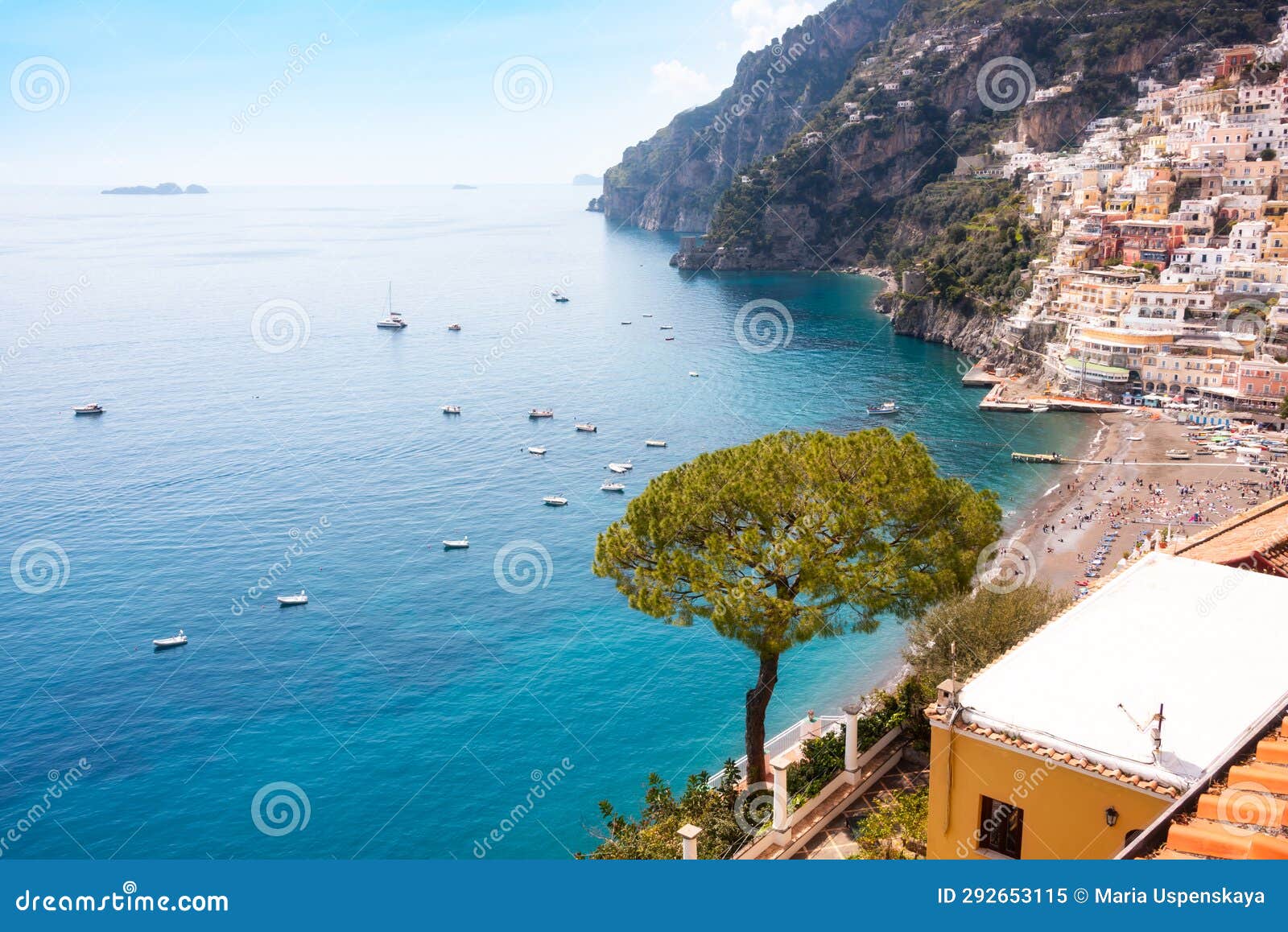 Pine Tree and Positano Town on Amalfi Coast in Italy Stock Image ...