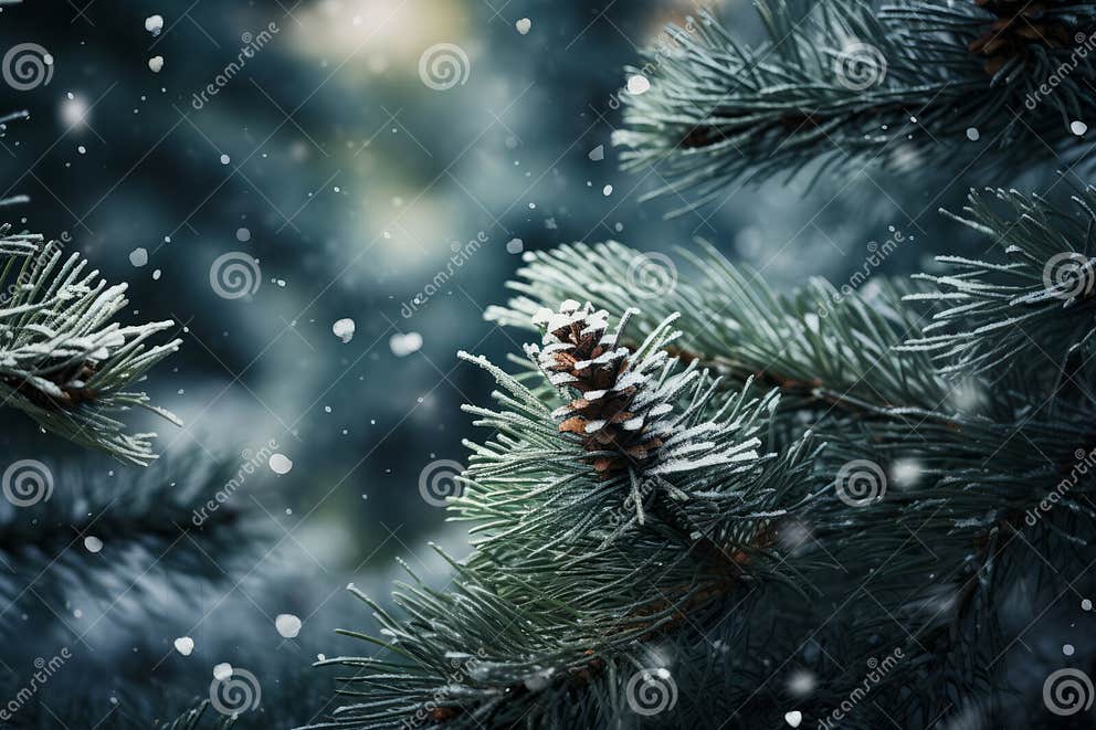 Pine Tree with Snow Falling on it and Pine Cone. Generative AI Stock ...