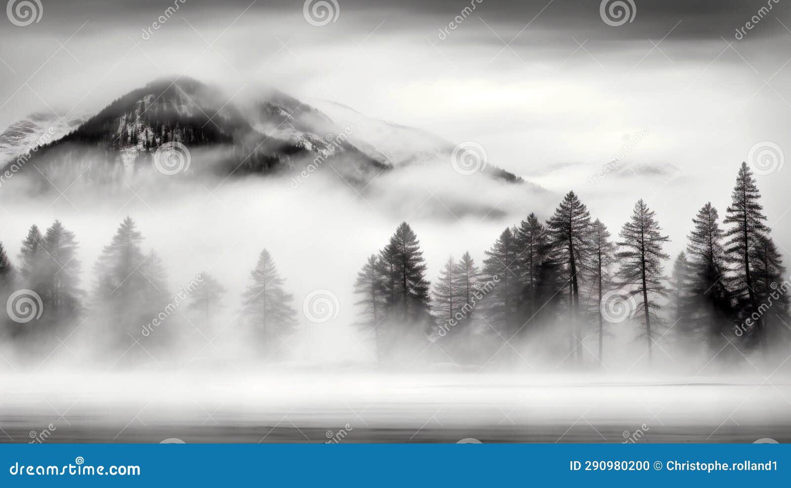 Pine Trees in the Fog with Snowy Mountains in the Background ...