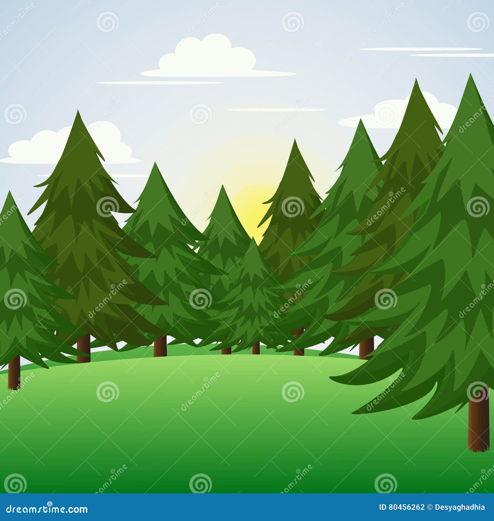 Pine Trees on Hill Scene.Vector Illustration. Stock Vector ...