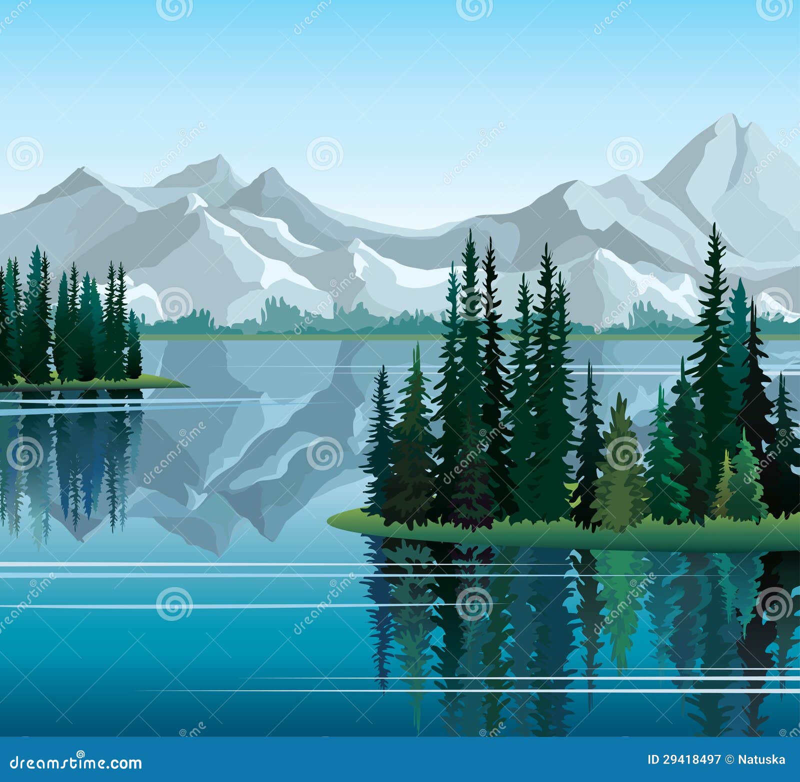 Pine Trees Reflected in Water with Mountains Stock Illustration ...