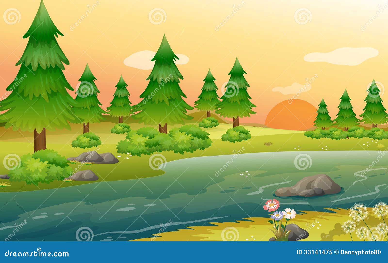 Pine Trees at the Riverbank Stock Vector - Illustration of pine ...