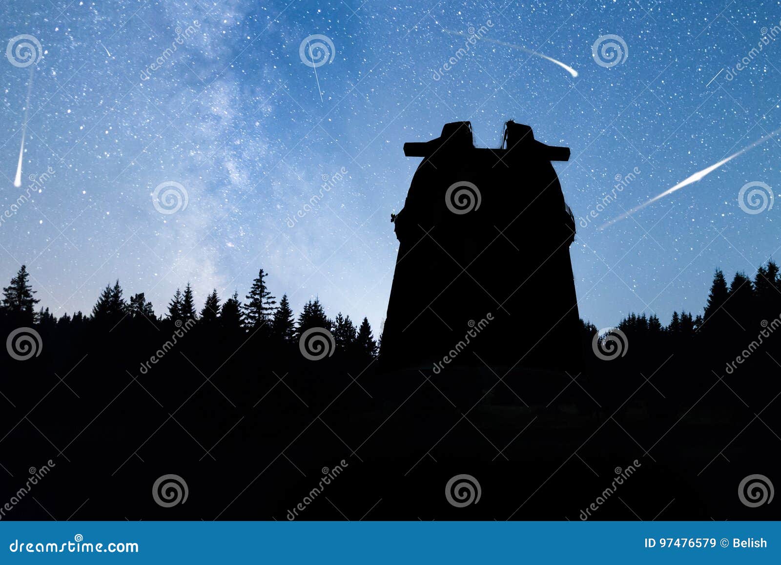 Pine Trees Silhouette Milky Way Observatory Falling Stars Stock Image ...