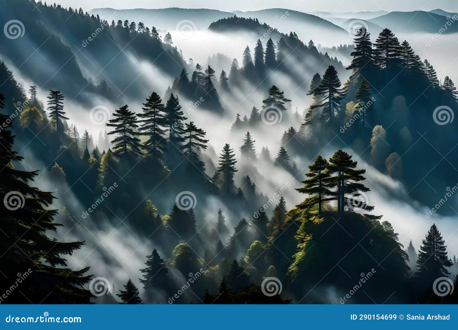 Pine Trees on Smoke Covered Mountains Stock Illustration - Illustration ...