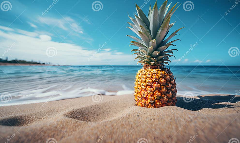 Pineapple on Beach Sand Close Up, Ai Generative Stock Illustration ...