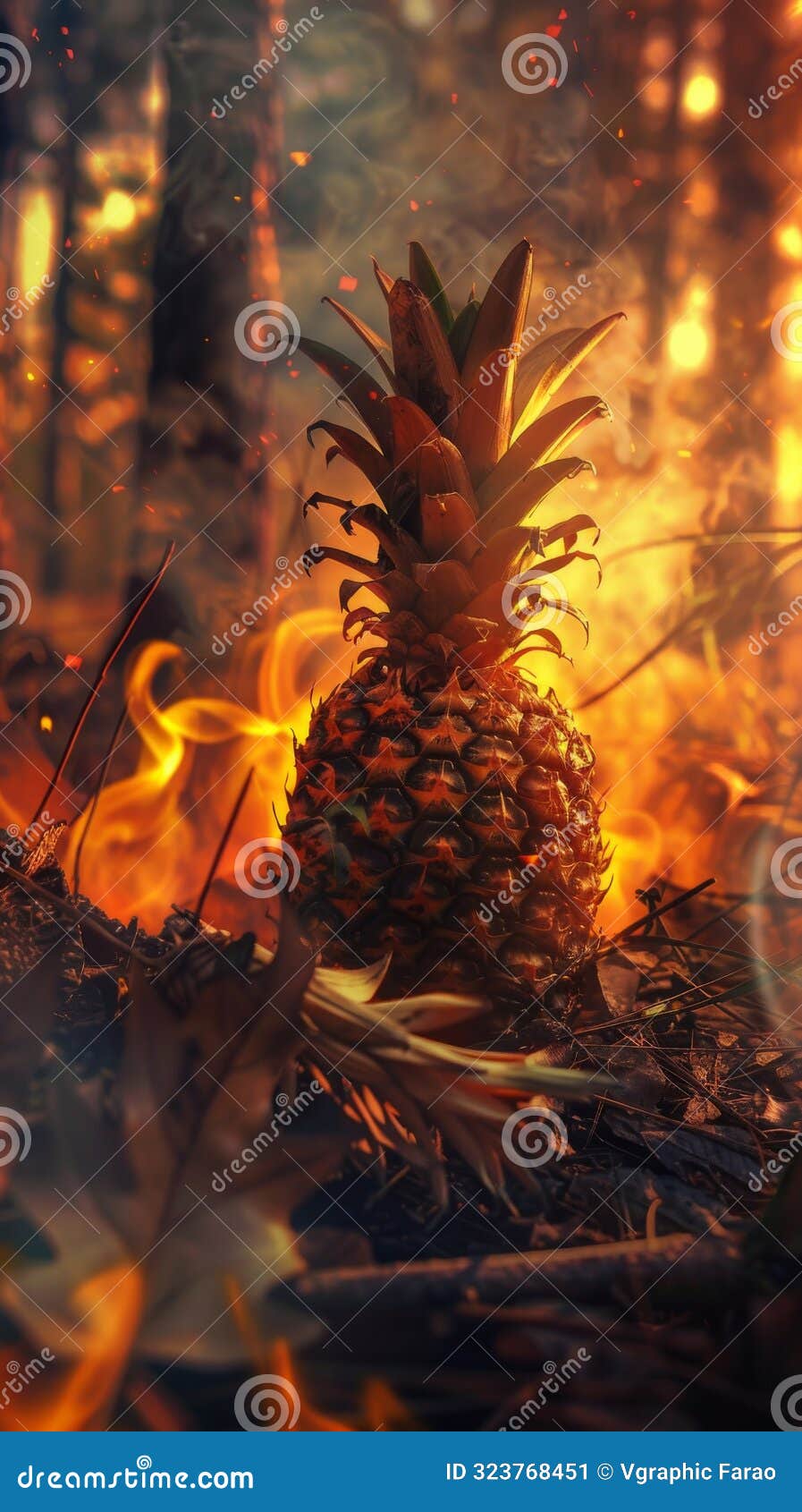 Pineapple Burning in a Forest Fire at Sunset, Environmental Concept ...