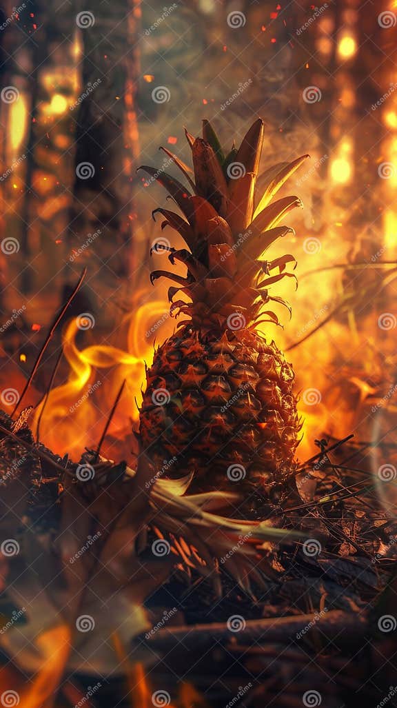 Pineapple Burning in a Forest Fire at Sunset, Environmental Concept ...